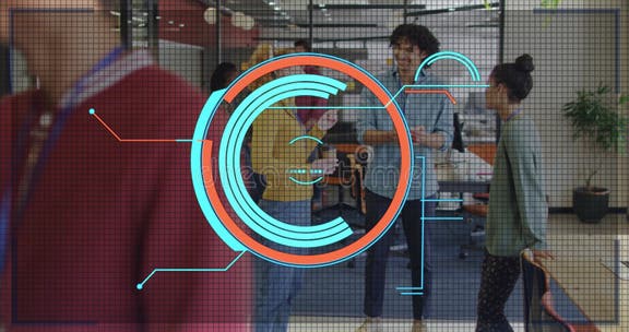 Standing Six Office Workers Discussing Project Updates in Open-plan ...