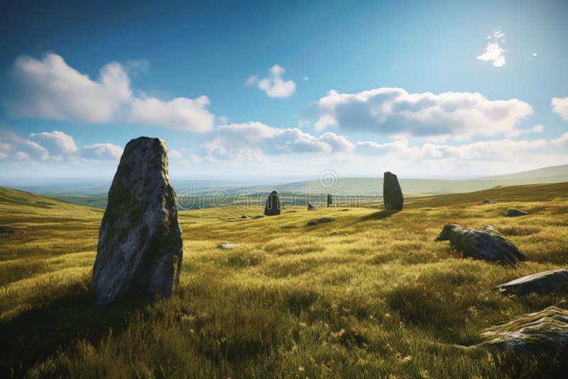 Standing Stones on the Summit of a Low Hill in a Windswept Green ...