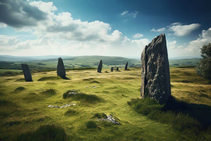 Standing Stones on the Summit of a Low Hill in a Windswept Green ...