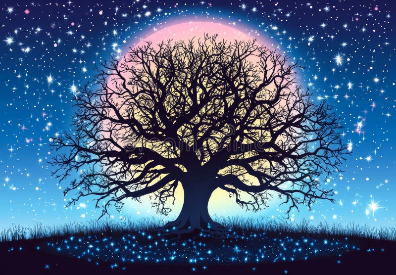 Standing Under a Full Moon at Night, a Tree Stands Gracefully Stock ...