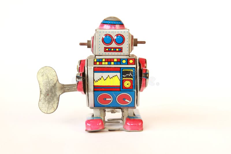 Standing Vintage Tin Robot, Straight Face with Key Stock Photo - Image ...