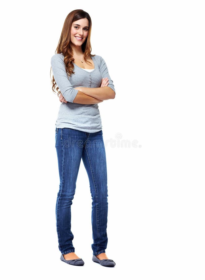 Confident Full Body of a Casual Happy Woman Standing Wearing Jeans ...