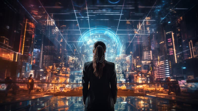 Standing Woman Looking Deep into the Virtual Reality Space Concept ...