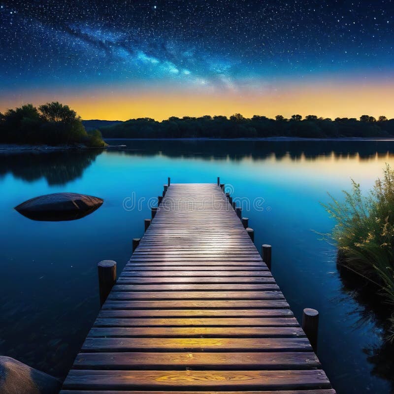 Or Standing on Wooden Dock Way Path at Riverside Under Starry Night ...