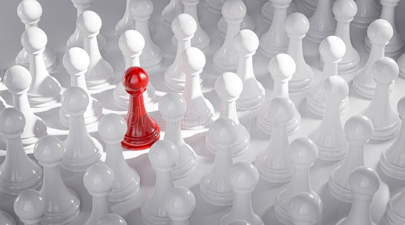 Standout Concept Red Pawn Chess between White Pawns 3D Render Stock ...