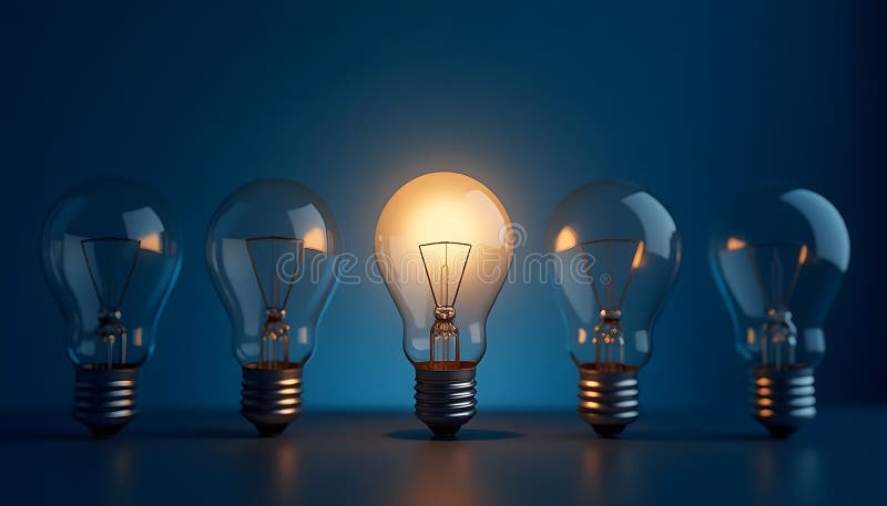 Standout Innovation Concept: Central Glowing Light Bulb among Unlit ...