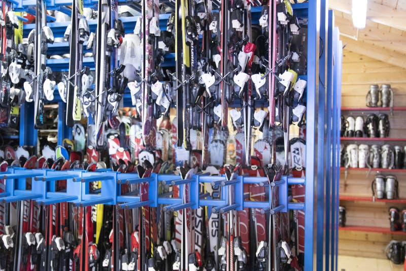 Stands with Ski for Rent Outdoors. Winter Vacation Stock Photo - Image ...