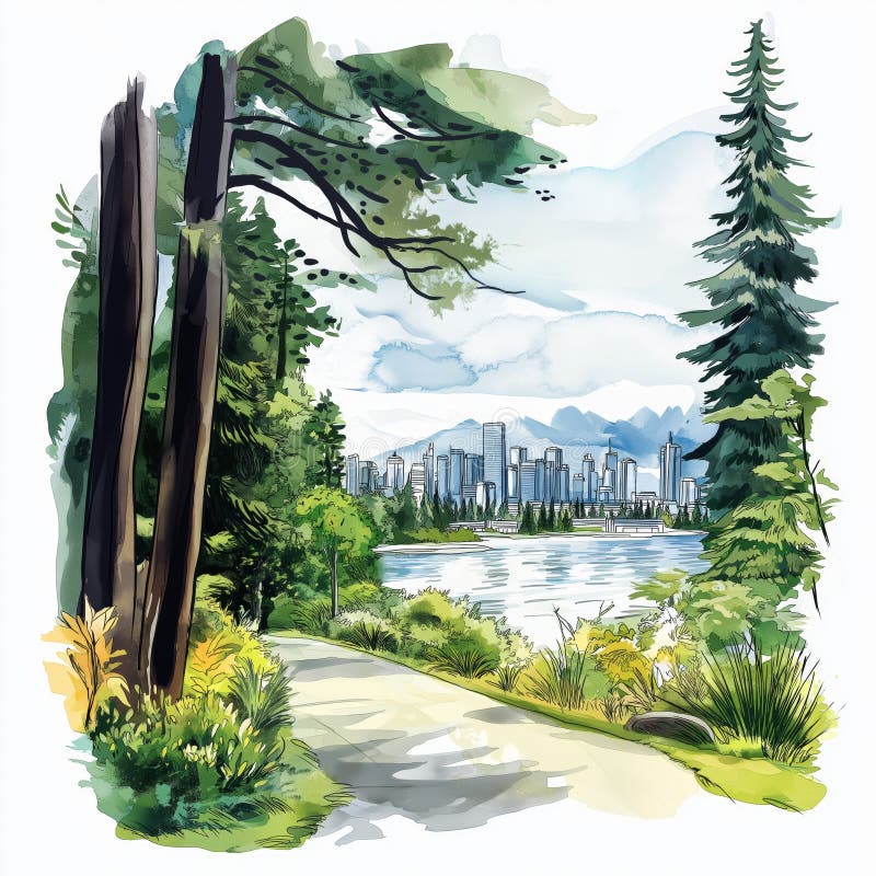 Stanley Park. Stanley Park Hand Drawn Watercolor Illustration Stock ...