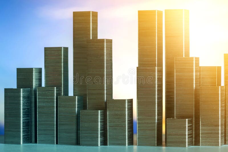 Staples Arranged To Form City Skyline on a Sunset Background Stock ...