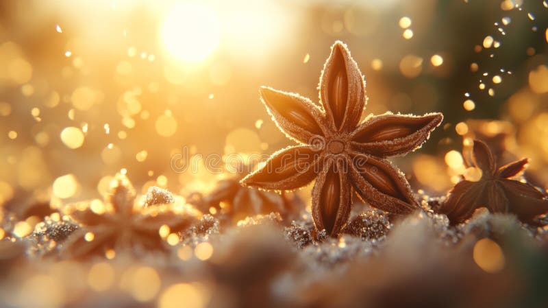 Star Anise Spice in Sunlit Winter Scene with Sparkling Bokeh Stock ...