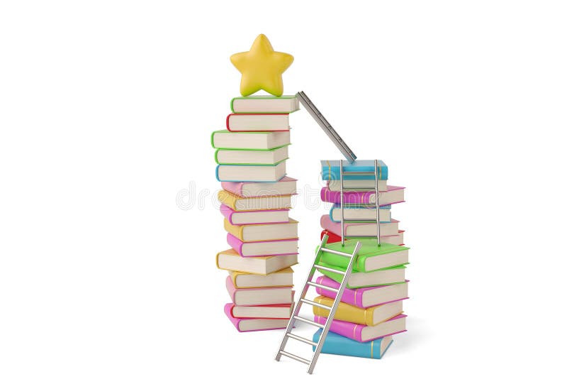 Star on Book Stacks with Ladders,3D Illustration. Stock Illustration ...