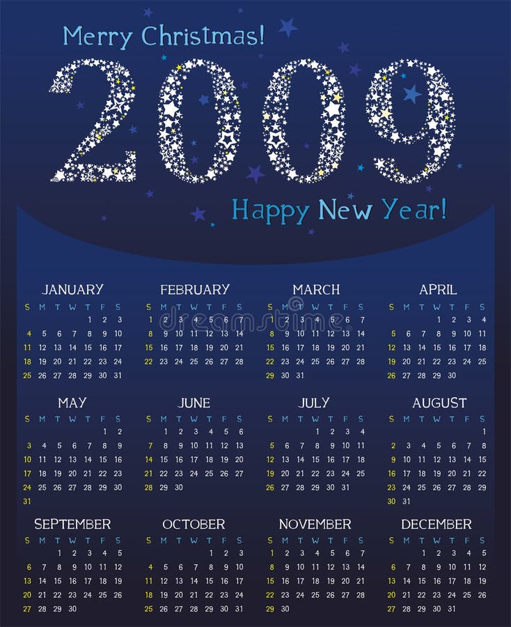 Star Calendar for 2009. stock vector. Illustration of snow - 7191072