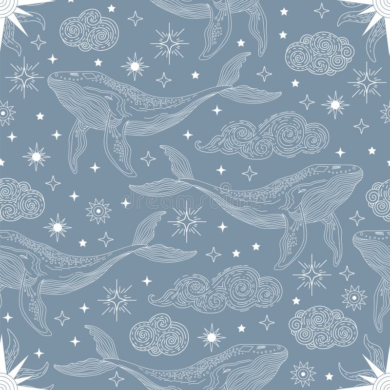 Star Constellation Clouds and Celestial Whale Seamless Pattern Stock Vector - Illustration of ...