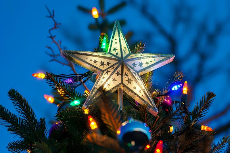 Star, Lights, Tree: Festive Night Scene Stock Illustration ...