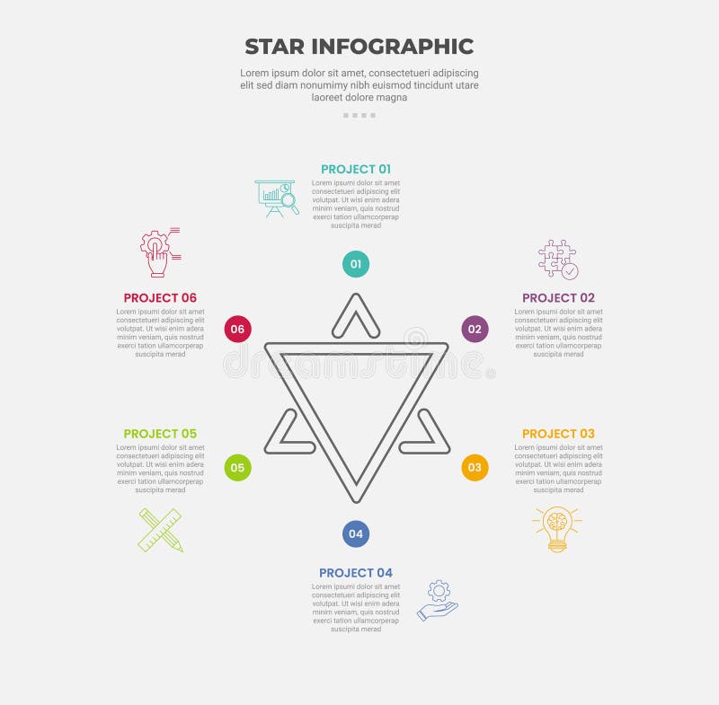 Star or Pentagram Shape Infographic Outline Style with 6 Point Template ...