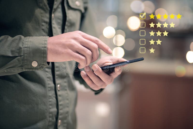 Star Rating and Check Mark. Man Tapping on the Screen Stock Image ...