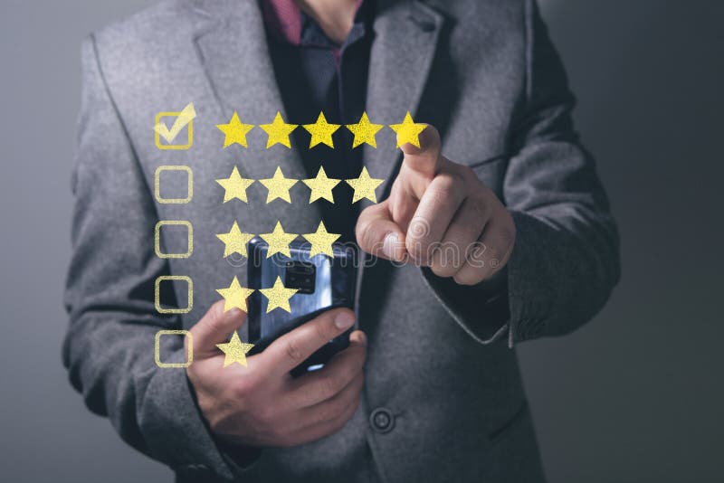 Star Rating and Check Mark. Man Tapping on the Screen Stock Image ...