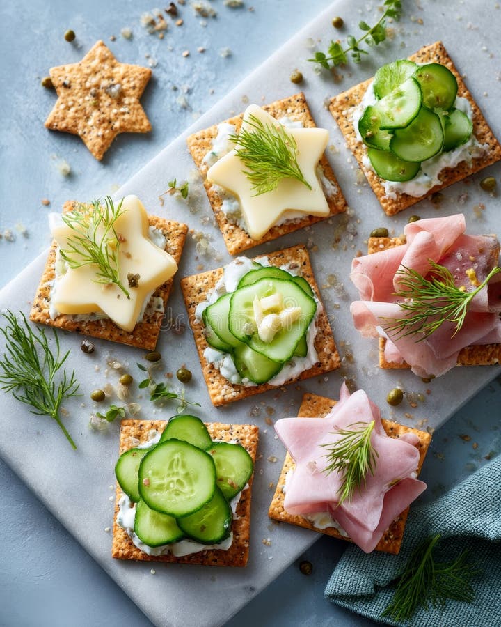 Star-shaped Appetizer Crackers with Cheese, Ham, and Cucumber Toppings ...
