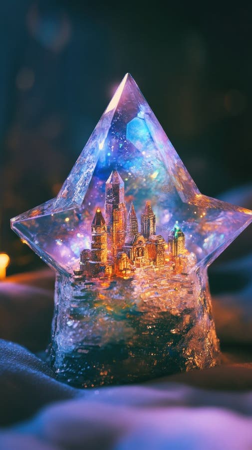 A Star-shaped Crystal with a Tiny City Inside, Highly Detailed, Cosmic ...