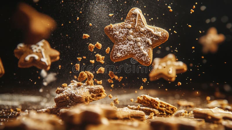 Star-Shaped Gingerbread Cookies in Motion Against Dark Background Stock ...