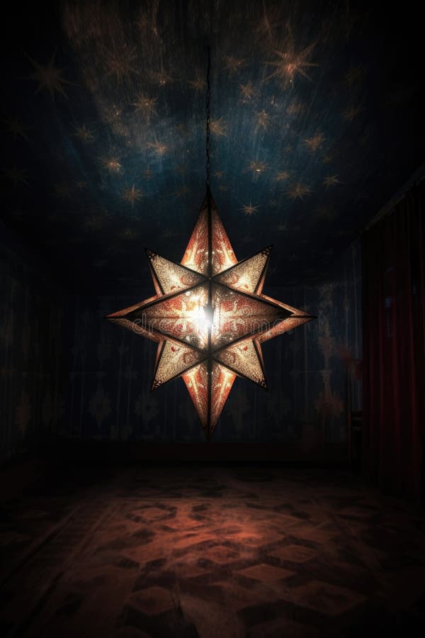A Star-shaped Lantern Glowing in a Dark Room Stock Illustration ...