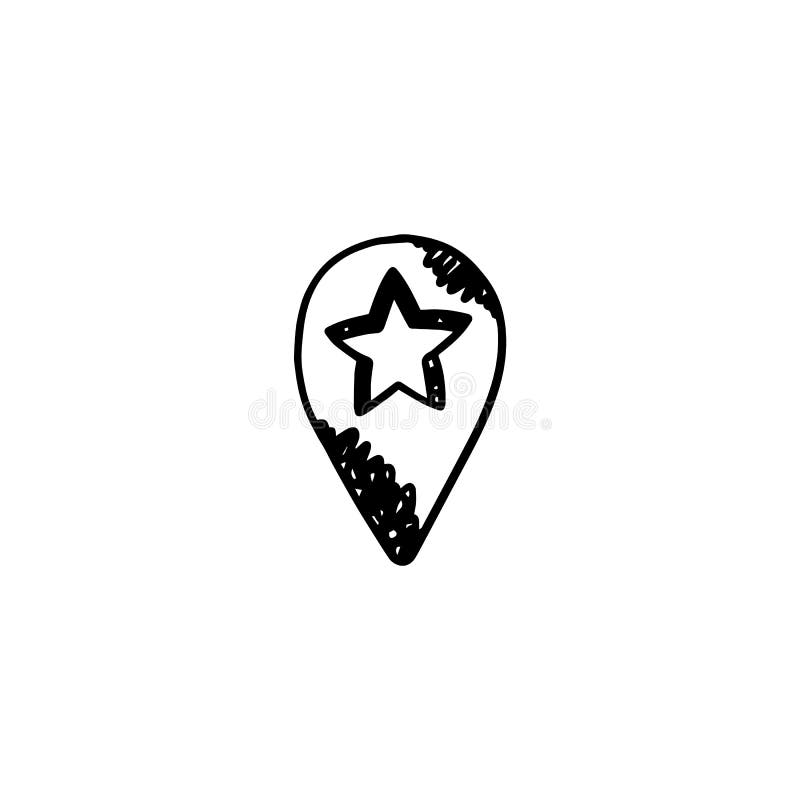 Star Shaped Pin Map Marker, Black and White Hand Drawn Vector Icon ...