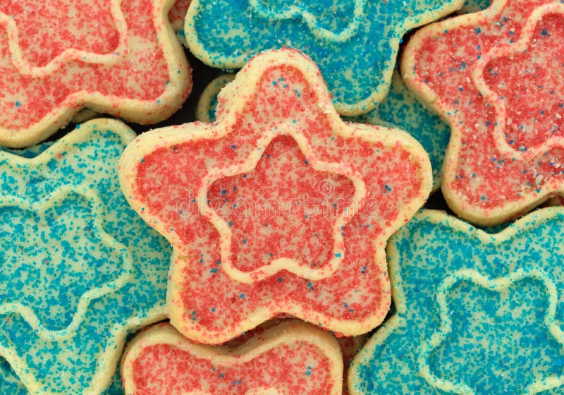 Star Shaped Sugar Cookies with Red and Blue Sprinkles Close View Stock ...