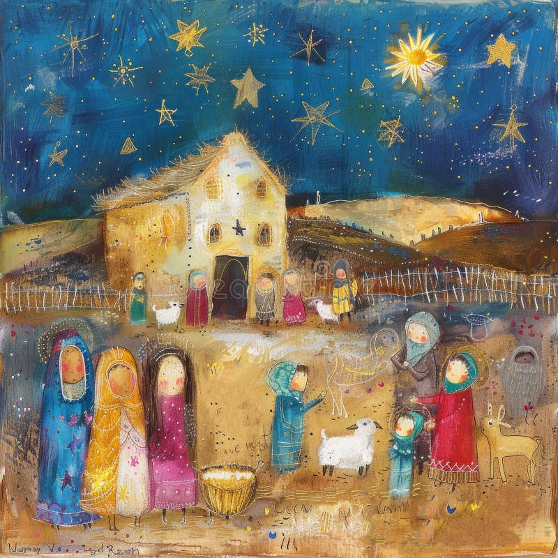 Star Shines Brightly Over a Small Stable, Where a Group of Figures ...