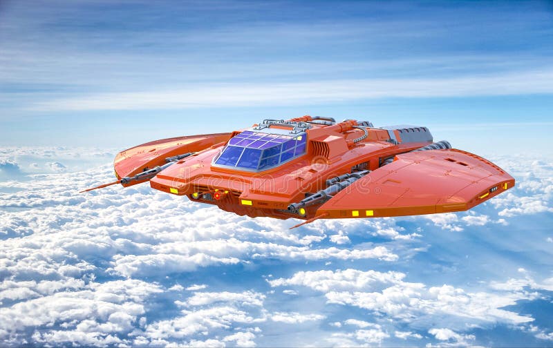 Star Ship Flying Above the Clouds Side View Stock Illustration ...