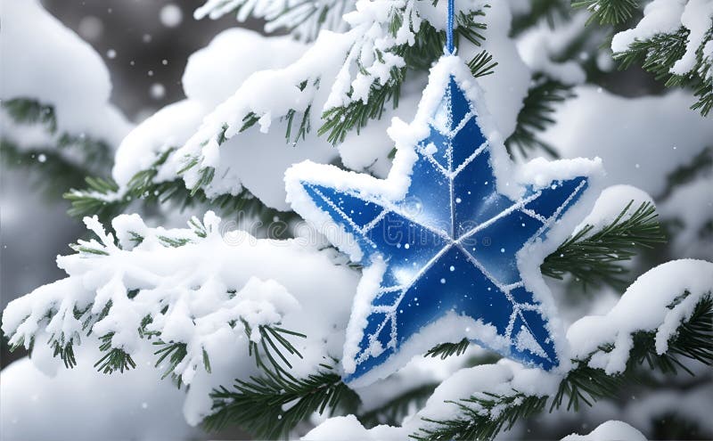 Star on a Snow-covered Tree. the Star is Surrounded by Sparkling Snow ...