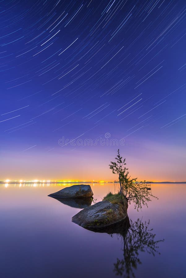 Star Trail Effect Over the Lake Stock Image - Image of galaxy, nature ...