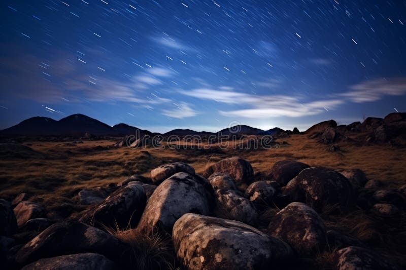 A Star Trail is Seen in the Night Sky Over Rocks and Grass Stock ...