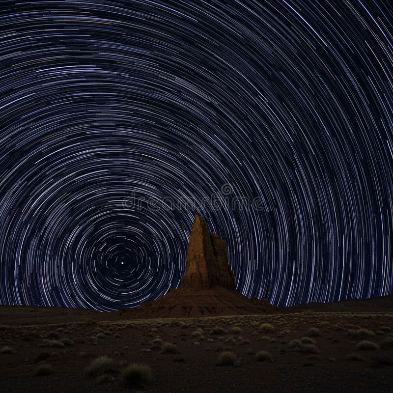 Star Trails Form Circular Patterns in the Night Sky Above a Towering ...