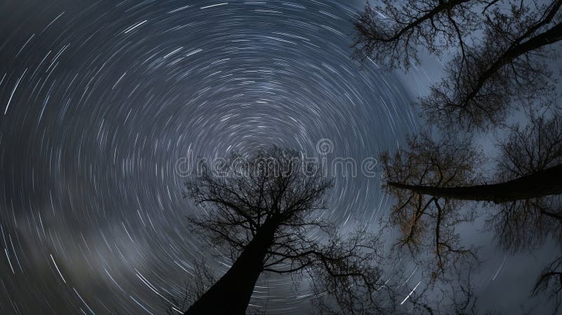 Star Trails Forming Circular Patterns Above Silhouetted Trees at Night ...