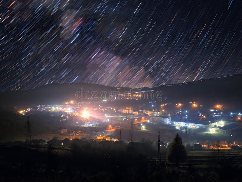Star Trails Over Mountain Town Stock Image - Image of landscape ...