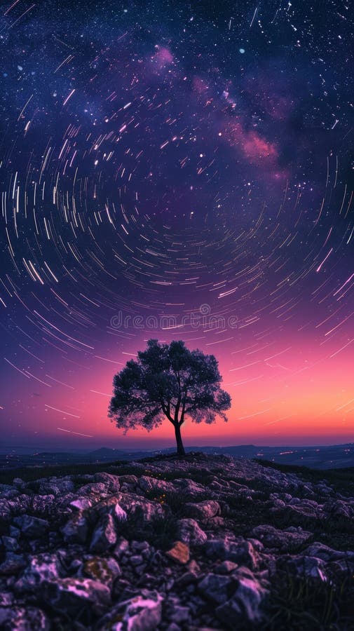 Star Trails Over a Solitary Tree at Twilight Stock Image - Image of ...