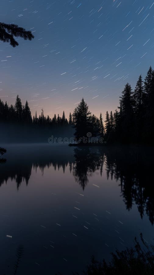 Star Trails Reflecting Over a Calm Forest Lake at Twilight Stock Image ...