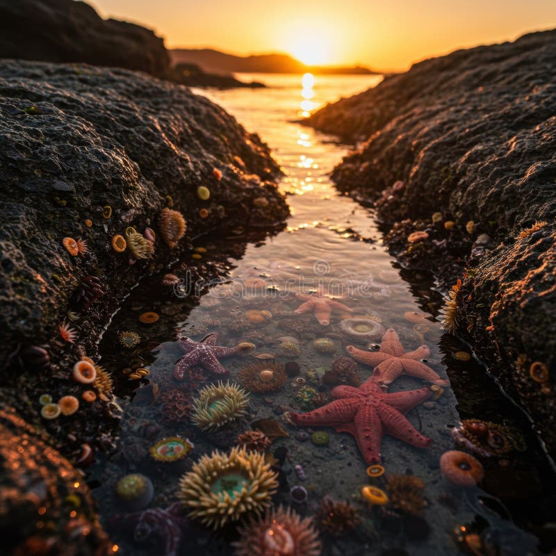 Starfish and Anemones in a Tide Pool at Sunset Stock Illustration ...