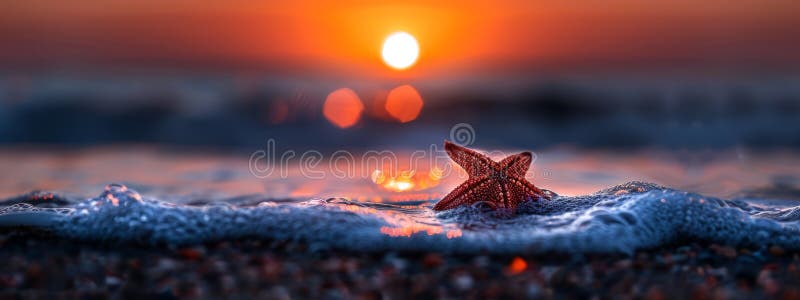 A Starfish Atop a Wave, Sunset S Hue Over Water Behind, Sun in Backdrop ...