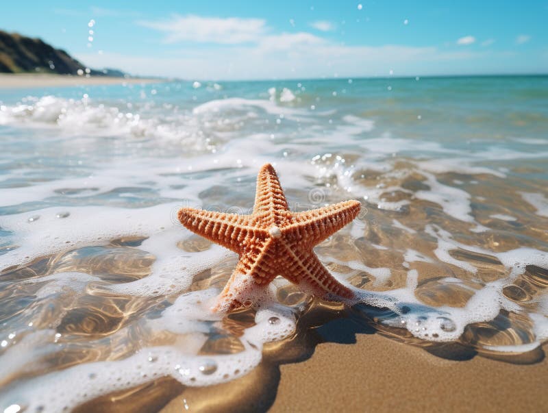 Starfish on the Beach in the Spray of Sea Waves. Generated by ...