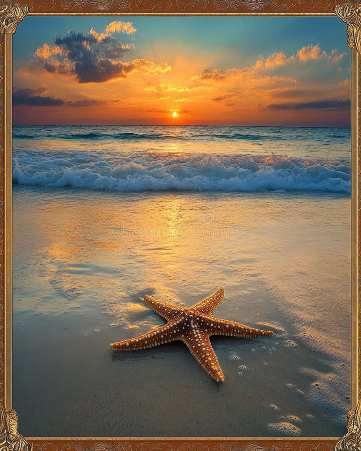 Starfish on Beach at Sunset Stock Illustration - Illustration of shore ...