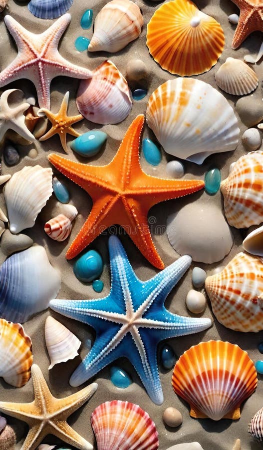 Starfish and Shells on the Beach Stock Illustration - Illustration of ...