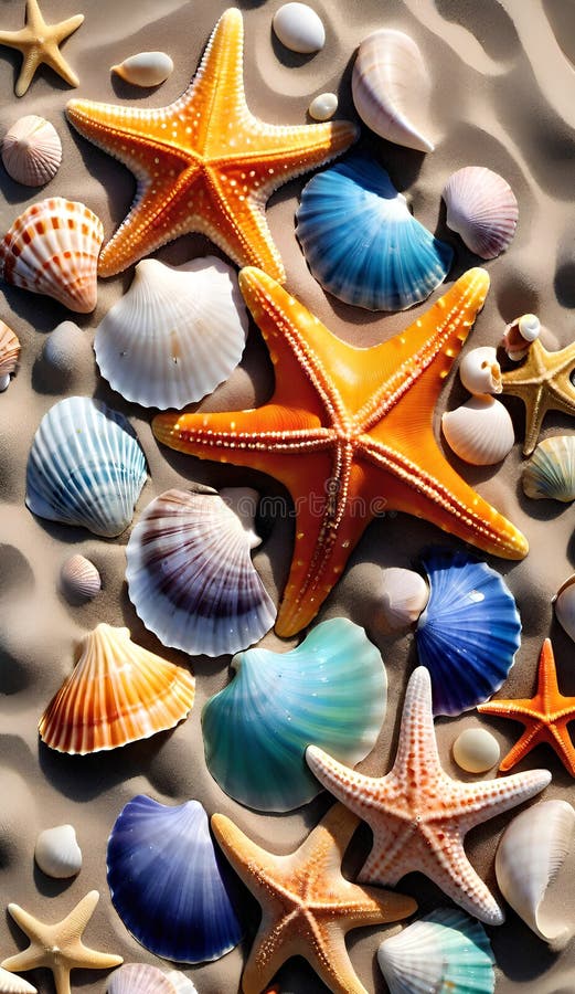 Starfish and Shells on the Beach Stock Illustration - Illustration of ...
