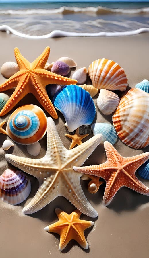 Starfish and Shells on the Beach Stock Illustration - Illustration of ...
