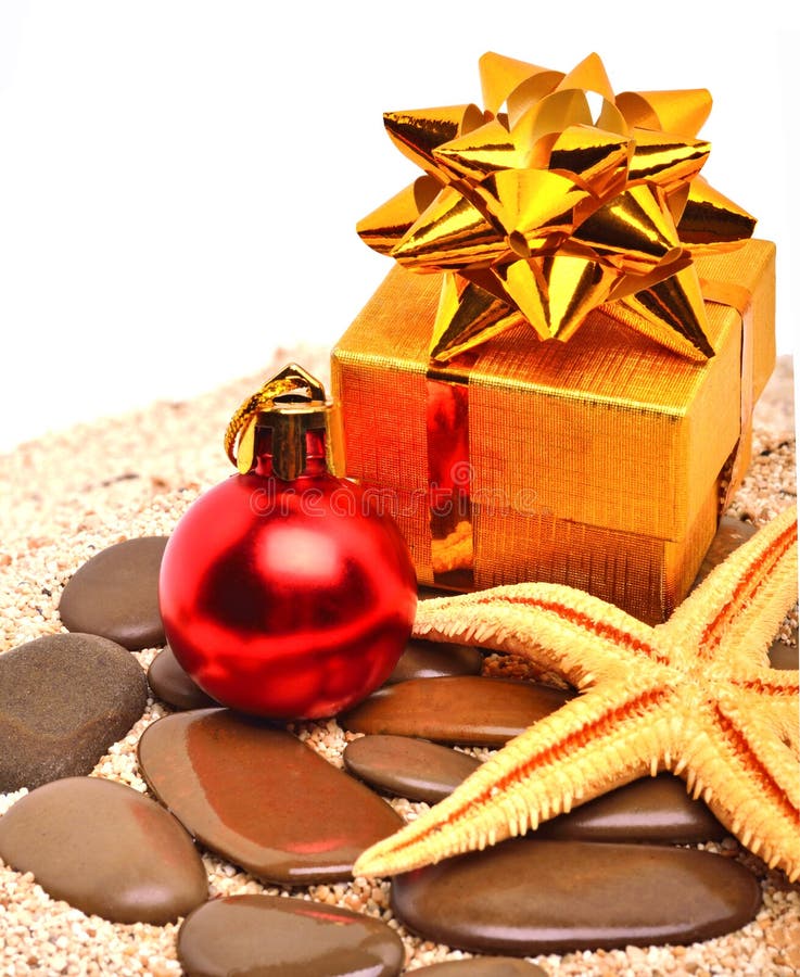 Starfish, Christmas Baubles, Gift Boxes on the Sand Stock Photo - Image ...