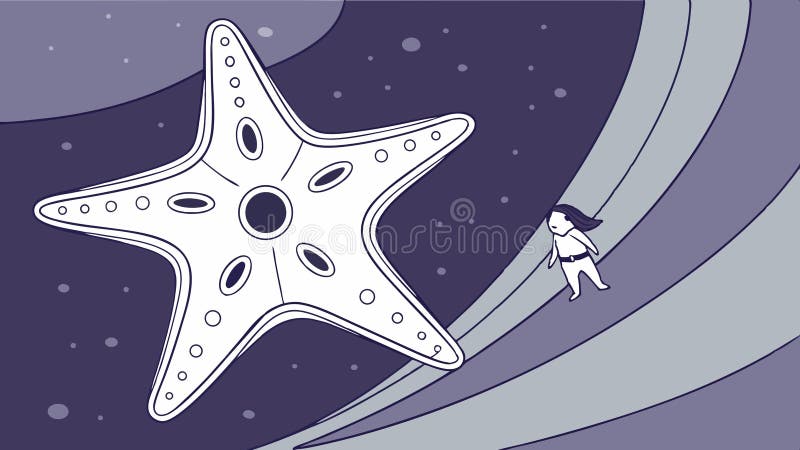 Starfish in Cosmic Setting with Tiny Person Looking Up Vector Design ...