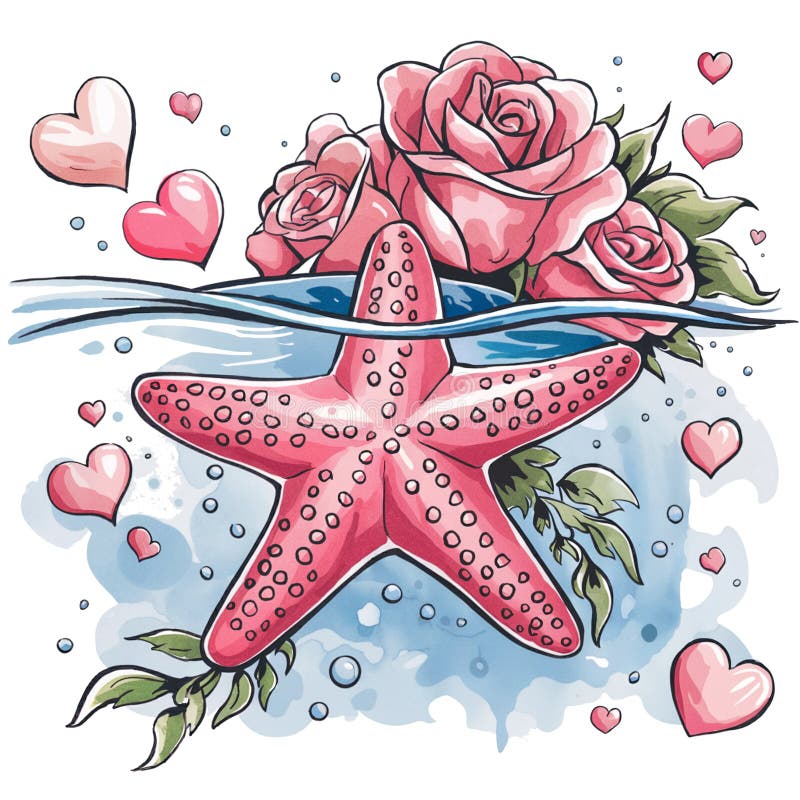 Starfish Floats Beneath Pink Roses Stock Image - Illustration of water ...