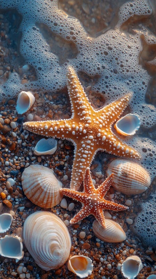 Colorful Starfish and Seashells Scattered on a Rocky Beach by the Water ...