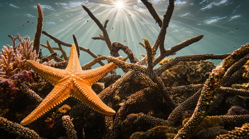 A Starfish Rests on a Bed of Coral, Sunlight Streaming Down through the ...