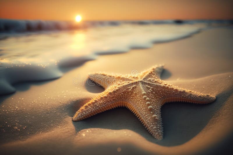 Starfish on Sand Beach and Wave Ocean with Sunset Sky Background ...